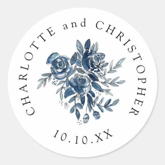 Blue indigo watercolor floral lineart wedding classic round sticker ...