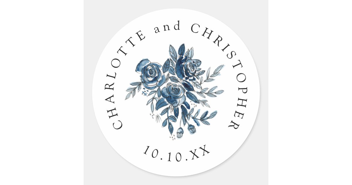 Blue indigo watercolor floral lineart wedding classic round sticker ...