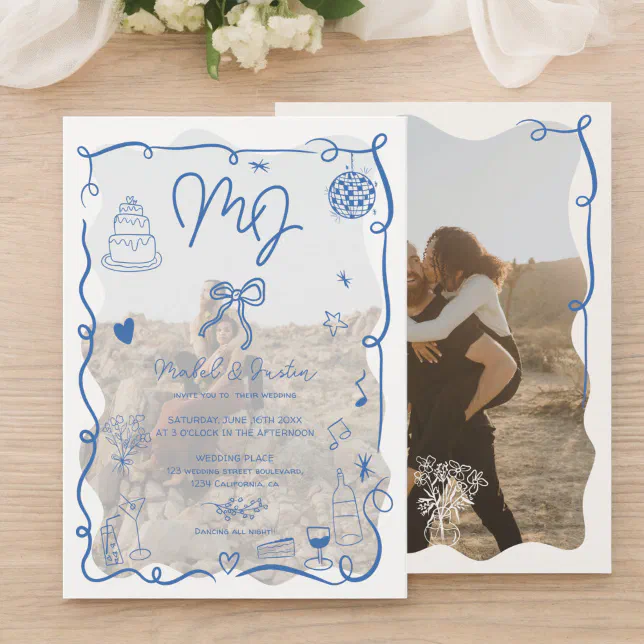 Blue initials handdrawn illustrated photos wedding invitation | Zazzle