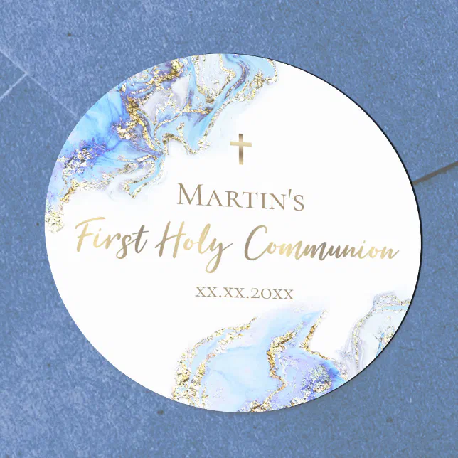 blue ink marble First Holy Communion Classic Round Sticker | Zazzle