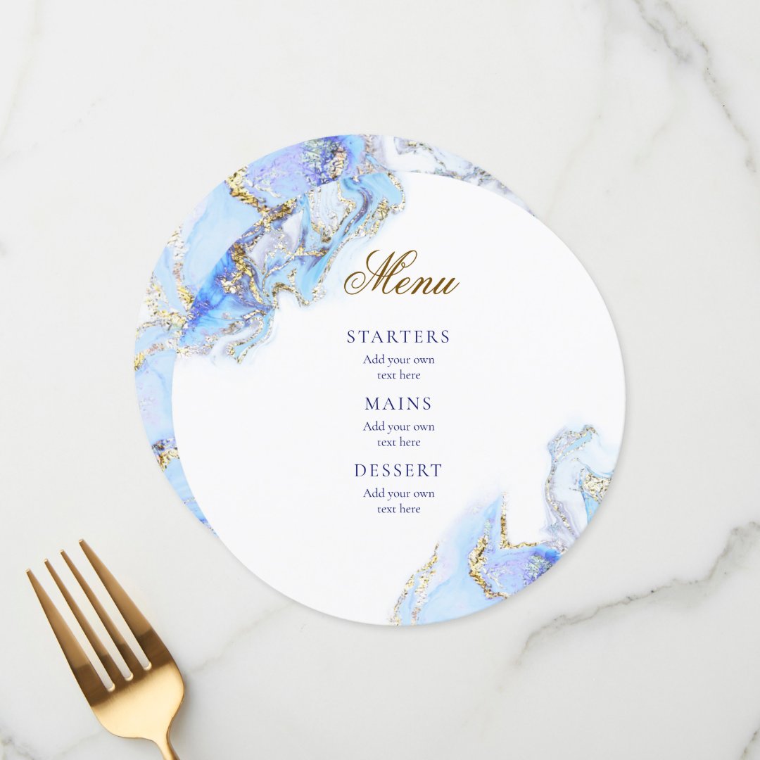 blue ink marble wedding Menu | Zazzle