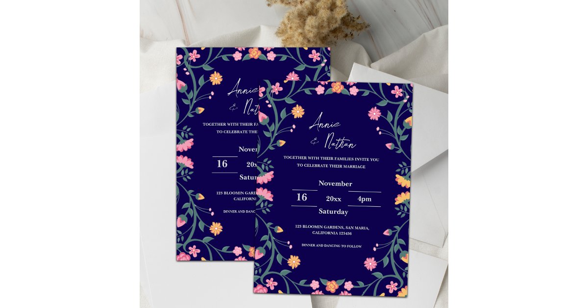 Blue Intricate Floral Frame Wedding Invitation | Zazzle