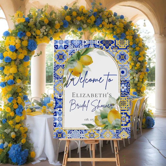 Blue Italian Tiles Arch Citrus Lemons Welcome Foam Board | Zazzle