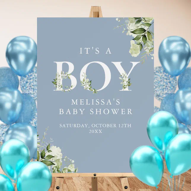 Blue Its A Boy Greenery Baby Shower Sign | Zazzle