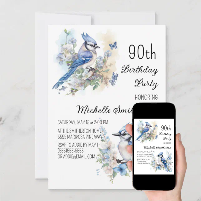 Blue Jay Bird Flowers Springtime 90th Birthday Invitation | Zazzle