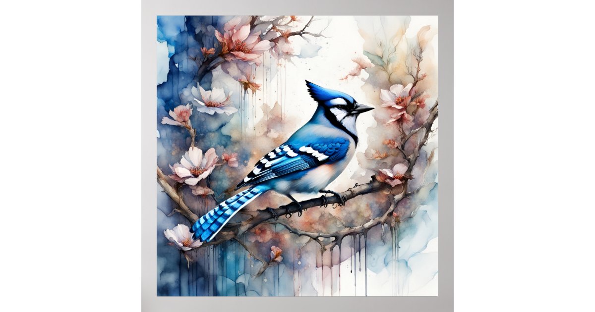 Blue Jay Cherry Blossoms watercolor Poster | Zazzle