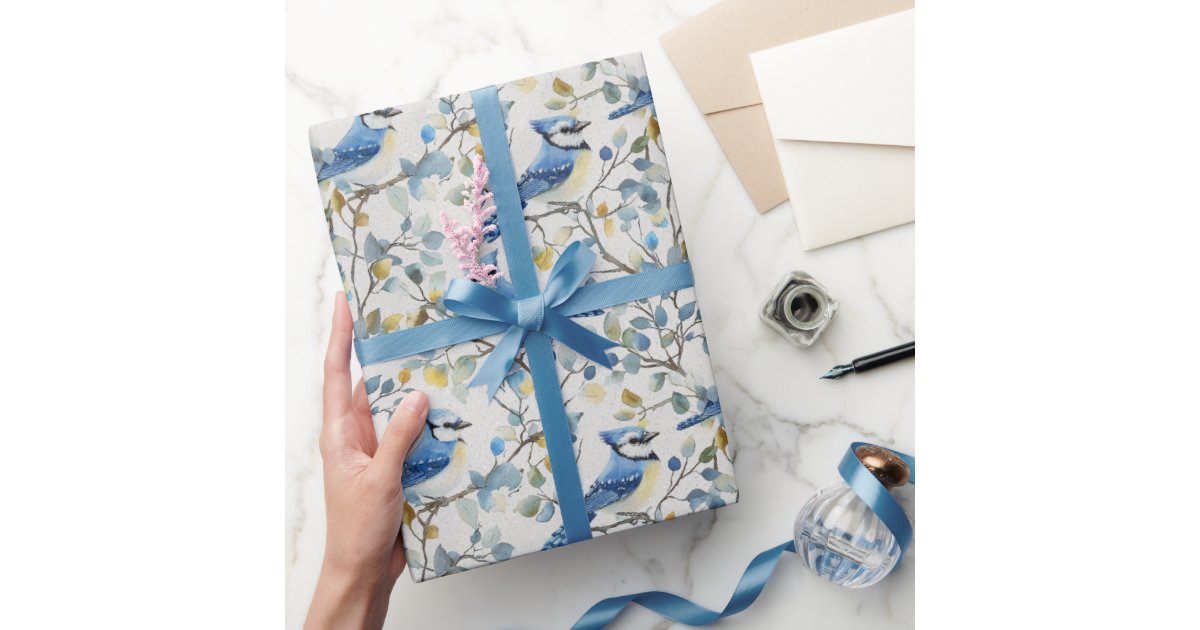 Blue Jays Bird Branches and Blossoms Wrapping Paper | Zazzle