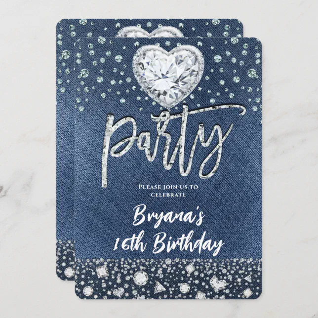 Blue Jean Denim & Bling Diamonds Birthday Party Invitation | Zazzle