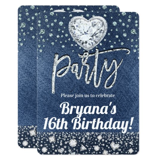 Blue Jean Denim & Bling Diamonds Birthday Party Invitation | Zazzle.com