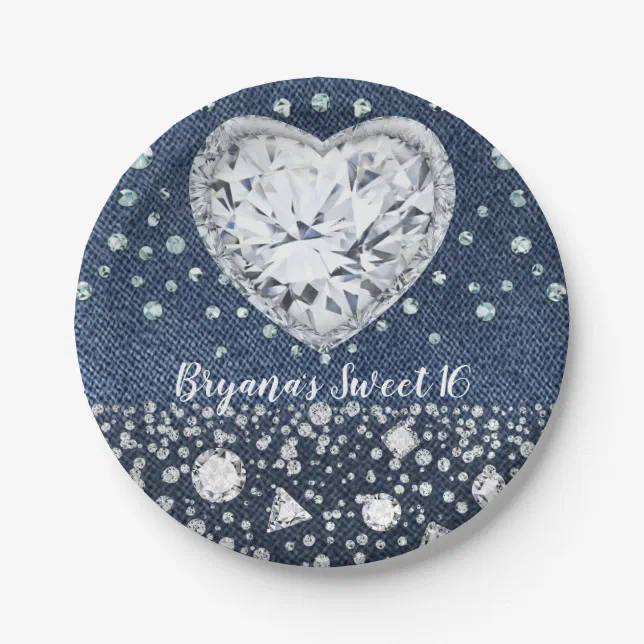 Blue Jean Denim & Diamonds Bling Diamond Heart Paper Plates | Zazzle