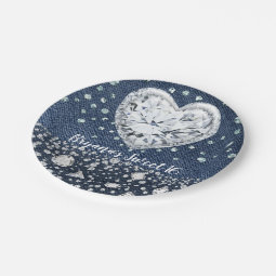 Blue Jean Denim & Diamonds Bling Diamond Heart Paper Plates | Zazzle