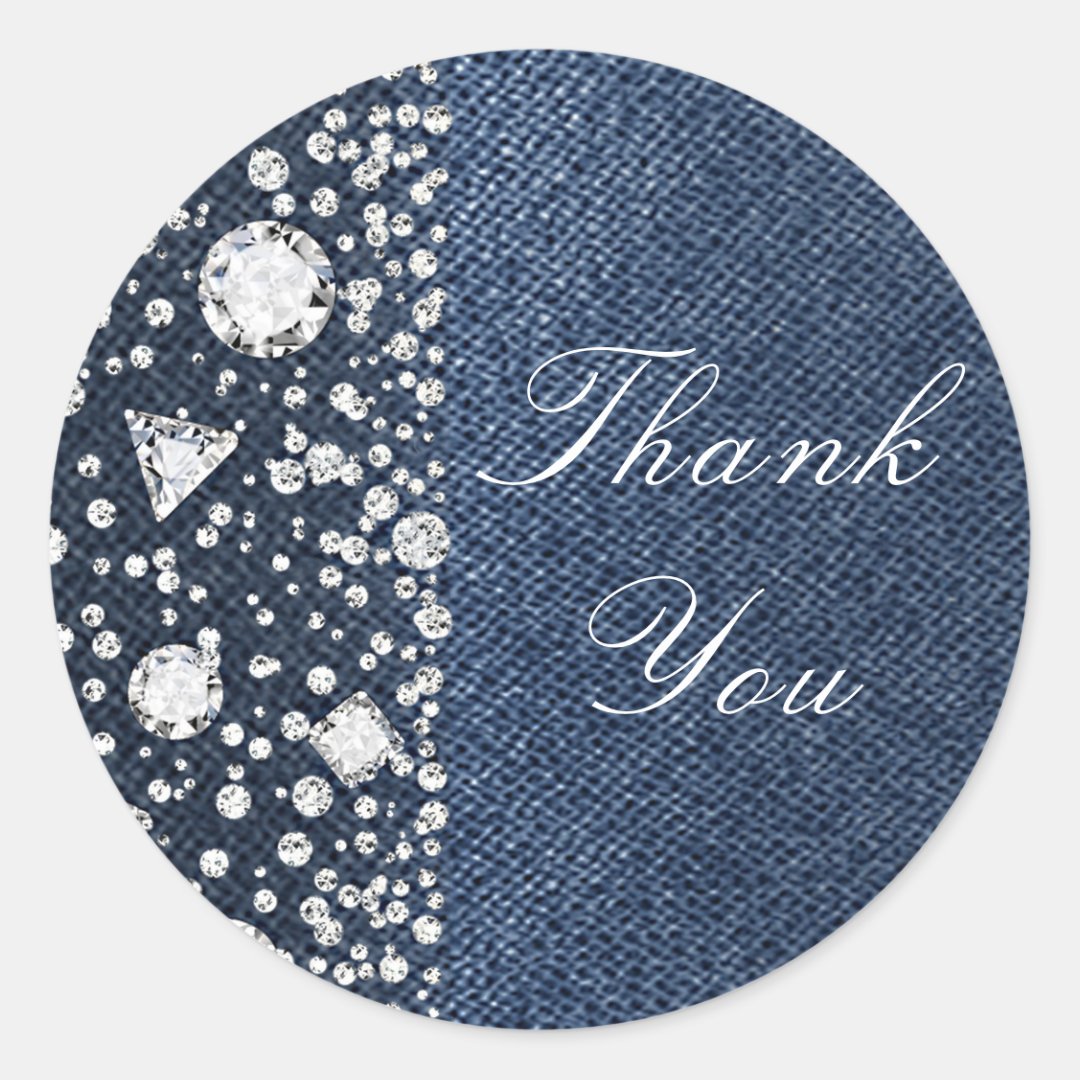 Blue Jean Denim & Diamonds Bling Diamond Party Classic Round Sticker ...