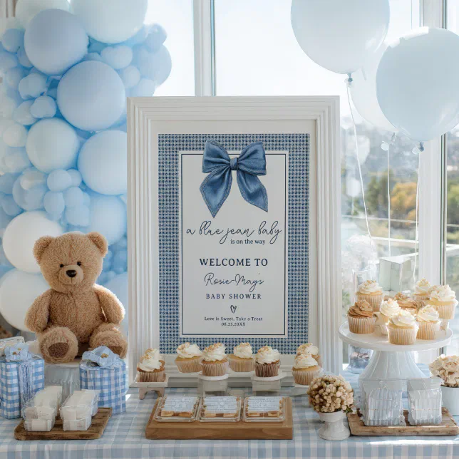 Blue Jean Gingham Coquette Bow Baby Shower Welcome Poster | Zazzle