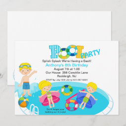 Blue Kids Pool Party Birthday Invitation | Zazzle