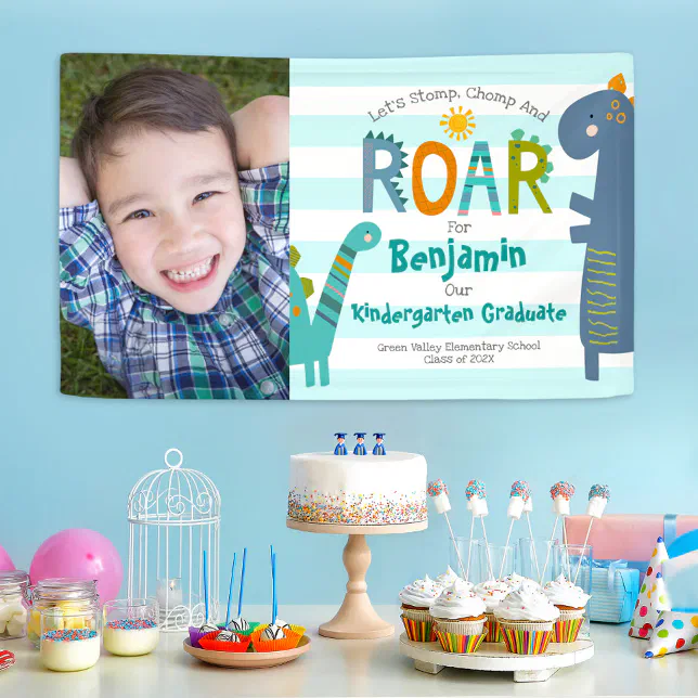 Blue Kindergarten Graduation Photo Dinosaur Boy Banner | Zazzle