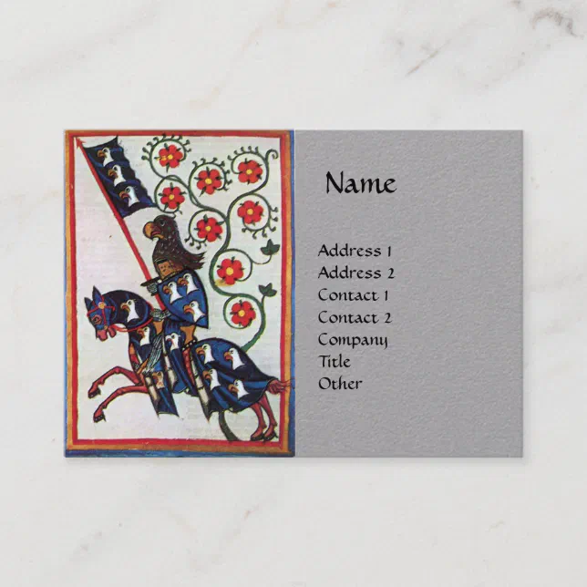 BLUE KNIGHT HORSEBACK Medieval Red Roses Grey Business Card | Zazzle