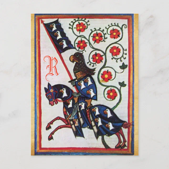 BLUE KNIGHT MEDIEVAL PARCHMENT MONOGRAM POSTCARD | Zazzle
