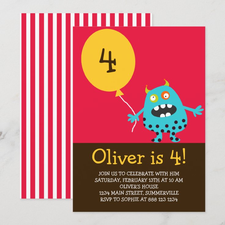 Blue Kooky Monster Kids Birthday Party Invitation | Zazzle