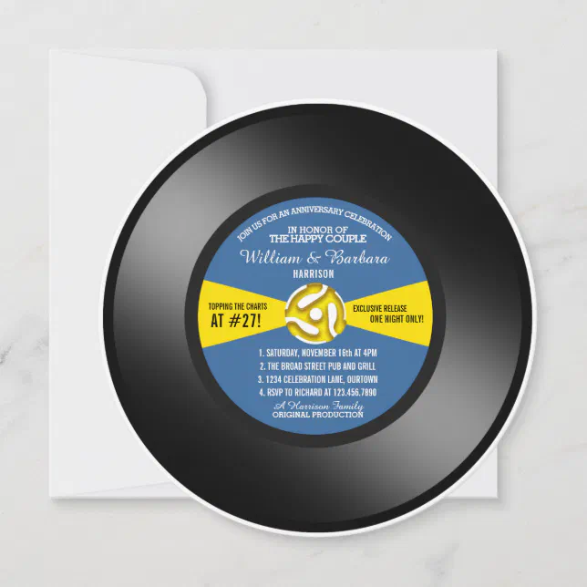 Blue Label Vinyl 45 Record Anniversary Party Invitation | Zazzle