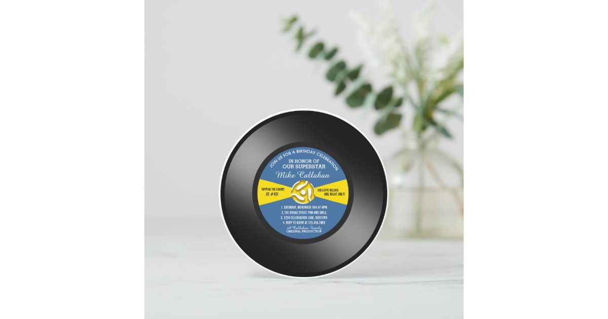 Blue Label Vinyl 45 Record Birthday Party Invitation | Zazzle