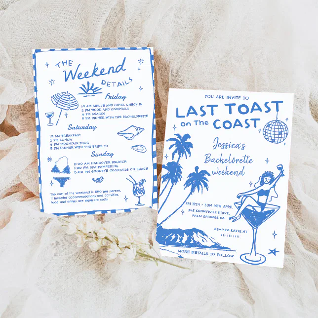 Blue Last Toast On The Coast Bachelorette Weekend Invitation | Zazzle