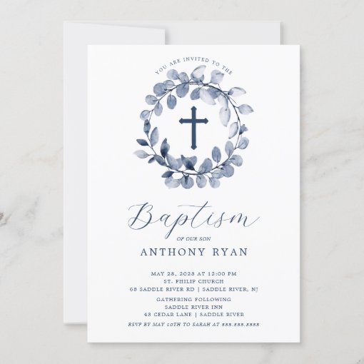 Blue Leaf Boys Baptism Invitation | Zazzle
