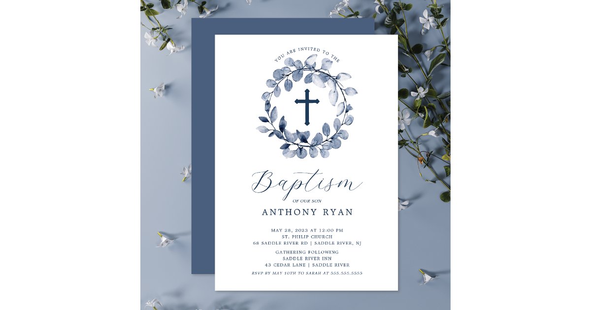 Blue Leaf Boys Baptism Invitation | Zazzle