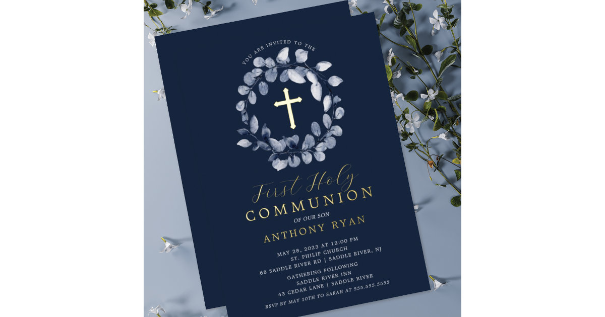 Blue Leaf Boys First Communion Foil Invitation | Zazzle