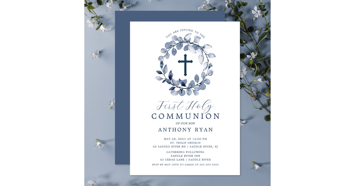Blue Leaf Boys First Communion Invitation Zazzle