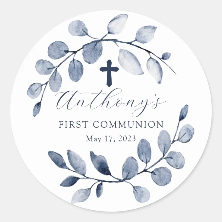 Blue Leaf First Communion Classic Round Sticker | Zazzle