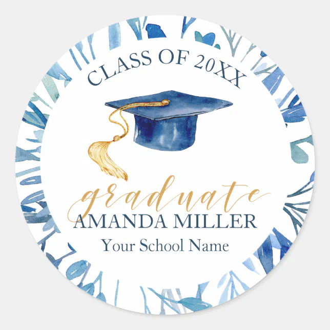 Blue leaves and hat graduation sticker | Zazzle