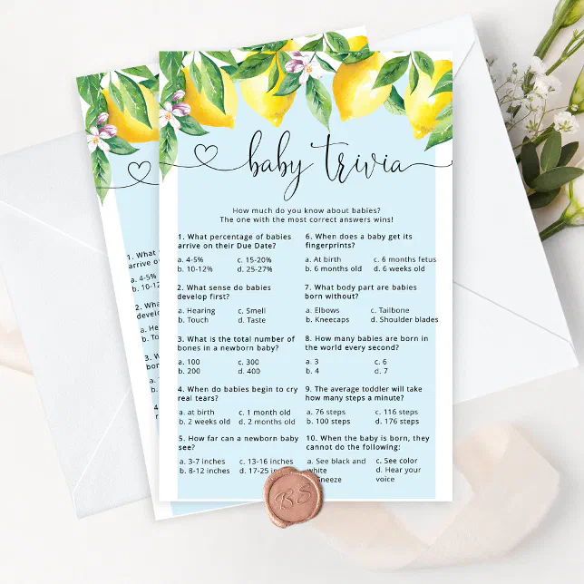 Blue lemon Baby trivia baby shower game | Zazzle