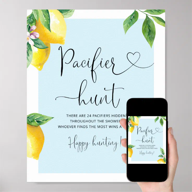 Blue lemon Pacifier hunt baby shower game Poster | Zazzle
