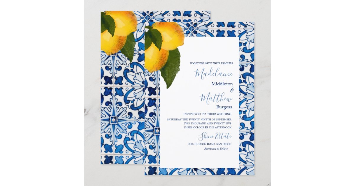 Blue Lemon Tile Chic Stylish Wedding Invitation | Zazzle