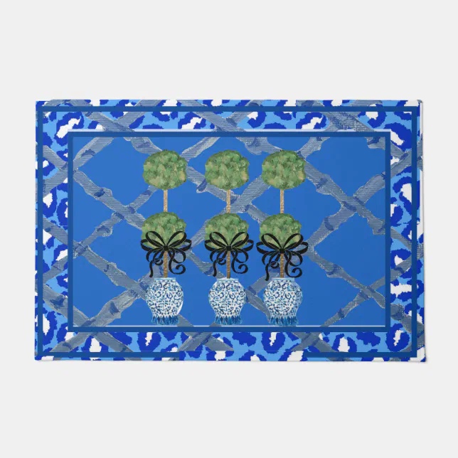 Blue Leopard Chinoiserie Ginger Jar Doormat Rug | Zazzle