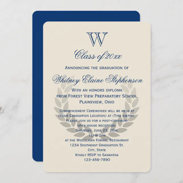 Blue Letter Monogram Classic College Graduation Invitation | Zazzle