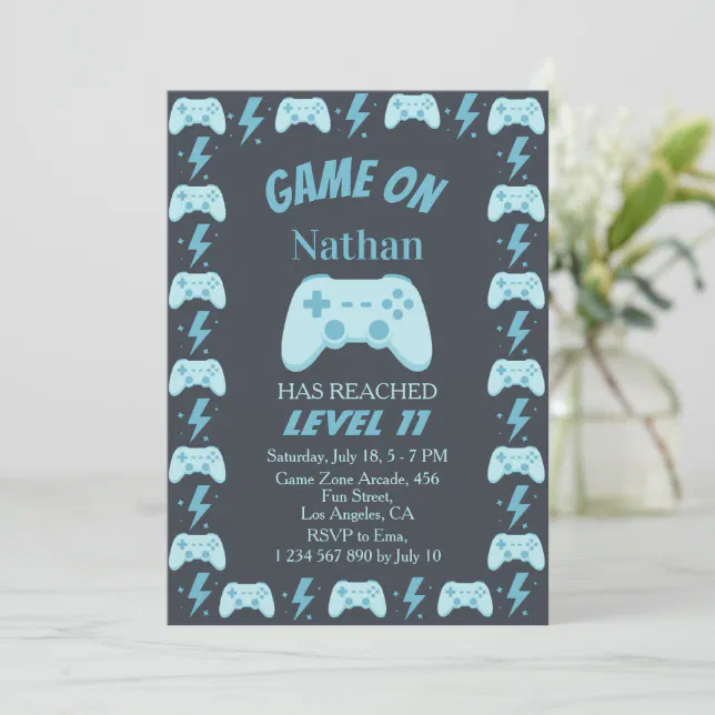 Blue Level Up Video Game Party 11th Boy Birthday Invitation | Zazzle