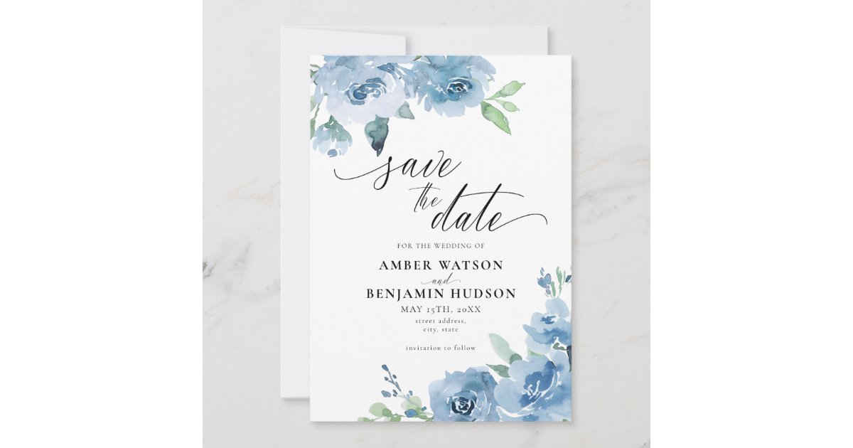 Blue Light Baby Blue Modern Floral Save The Date Invitation | Zazzle