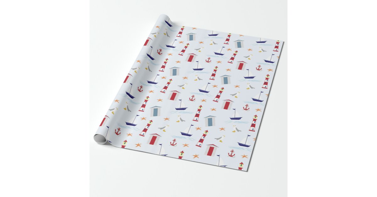 Blue Lighthouse Beach Wrapping Paper | Zazzle