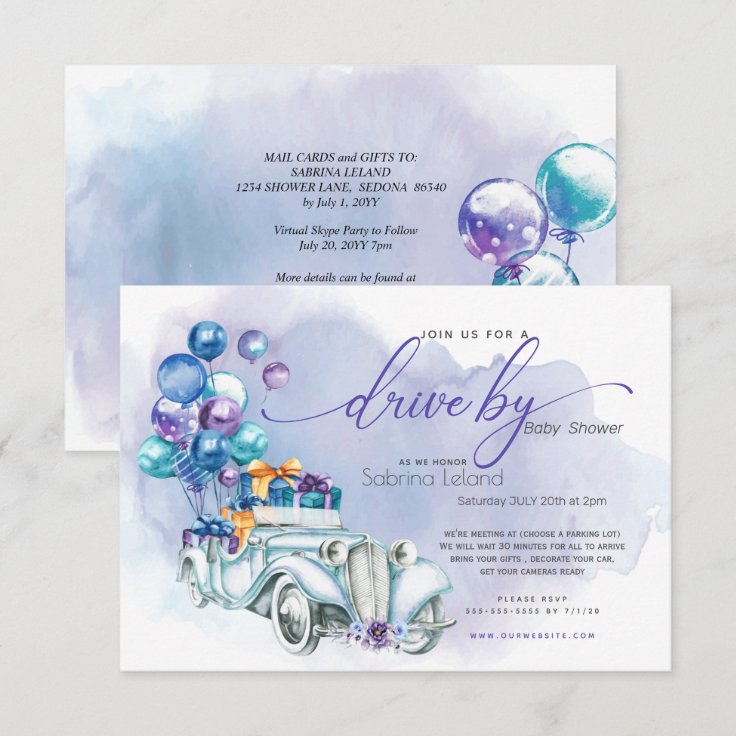 Blue Lilac Vintage Car Drive-By Baby Shower Invitation | Zazzle