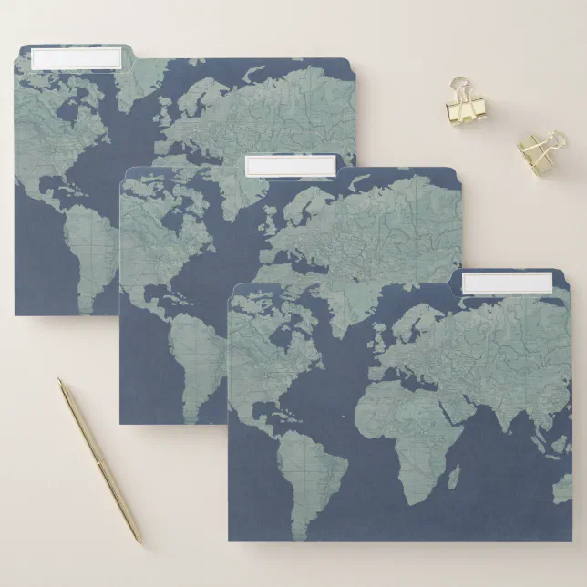 Blue Linen World Map File Folder | Zazzle