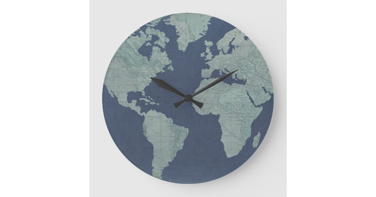 Blue Linen World Map Large Clock | Zazzle
