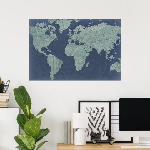 Blue Linen World Map Poster | Zazzle