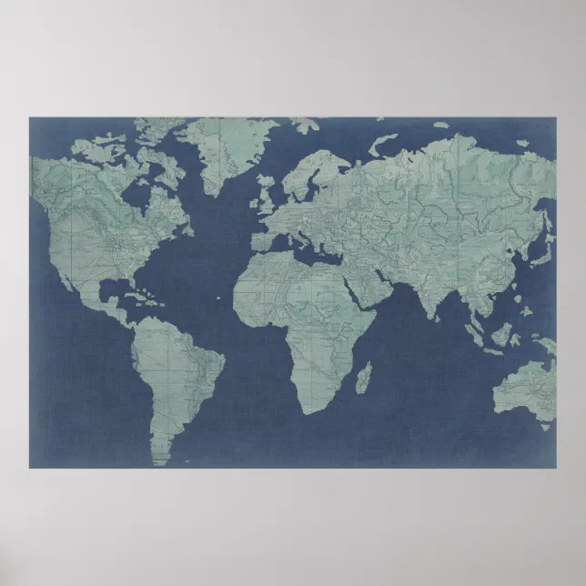 Blue Linen World Map Poster | Zazzle