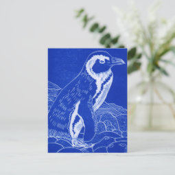 Blue Linocut Penguin Postcard | Zazzle