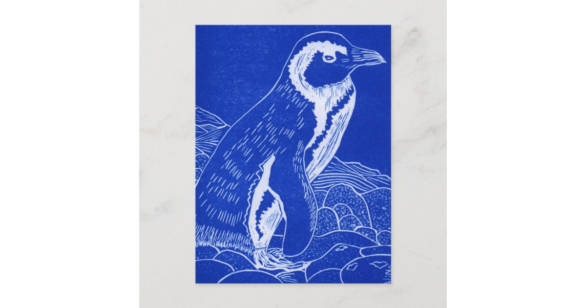 Blue Linocut Penguin Postcard | Zazzle