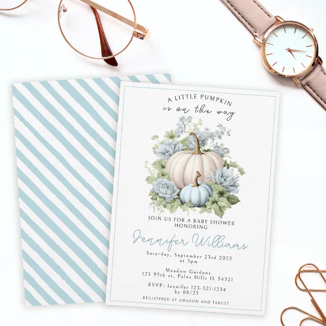 Blue little pumpkin boy baby shower invitation | Zazzle