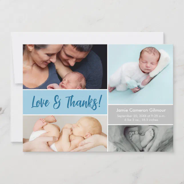 Blue Love & Thanks Photo Collage Baby boy Shower Thank You Card | Zazzle