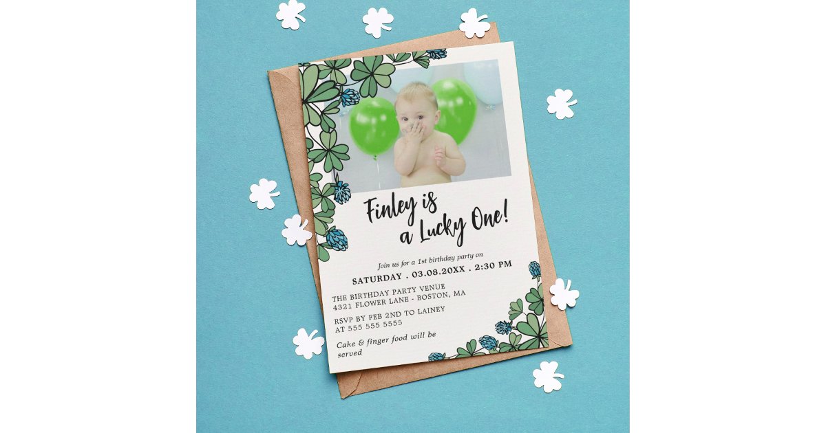 Blue Lucky One Four Leaf Clover 1st Birthday Party Invitation | Zazzle