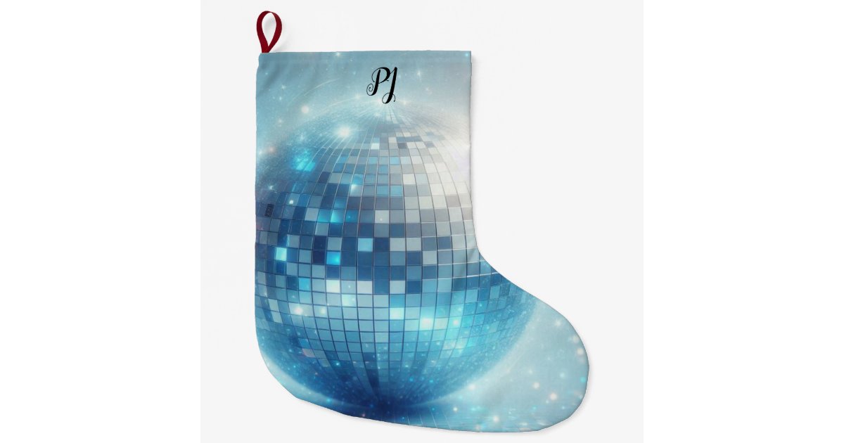 Blue Luminous Disco Ball Initials Large Christmas Stocking | Zazzle